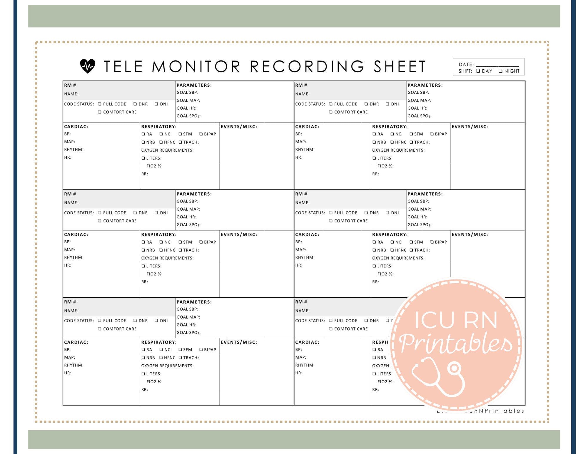 Tele Monitor Recording Sheet | Printable PDF Download - Etsy