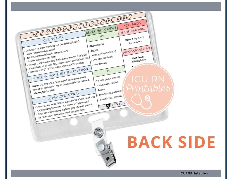 Acls Adult Cardiac Arrest Algorithm Printable Pdf Download Etsy