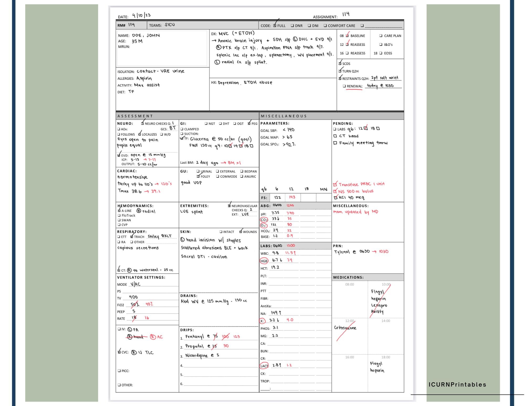 ICU Nurse Brain Report Sheet Printable PDF - Etsy UK