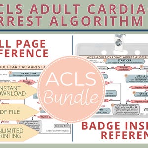 ACLS Adult Cardiac Arrest Algorithm Reference Sheet & Badge Insert ...