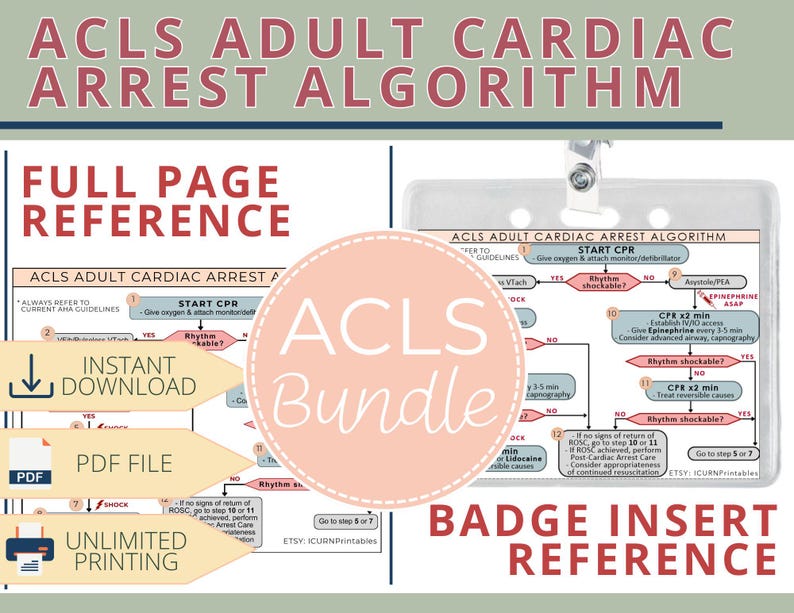ACLS Adult Cardiac Arrest Algorithm Reference Sheet & Badge Insert ...