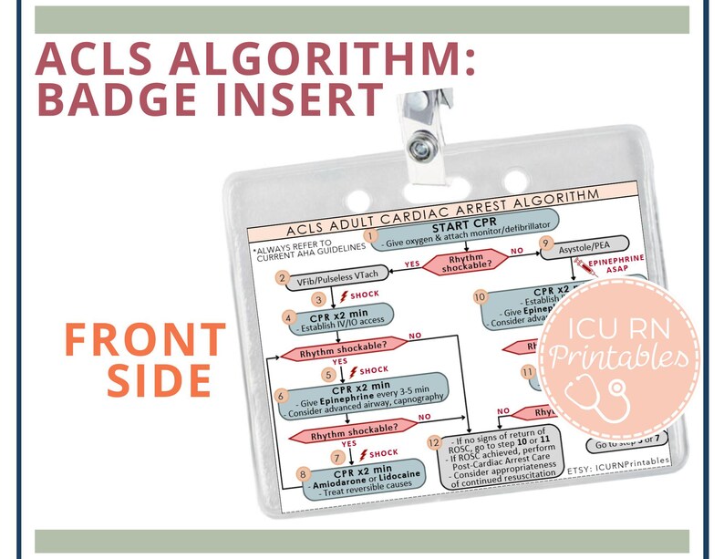 ACLS Adult Cardiac Arrest Algorithm Reference Sheet & Badge Insert ...