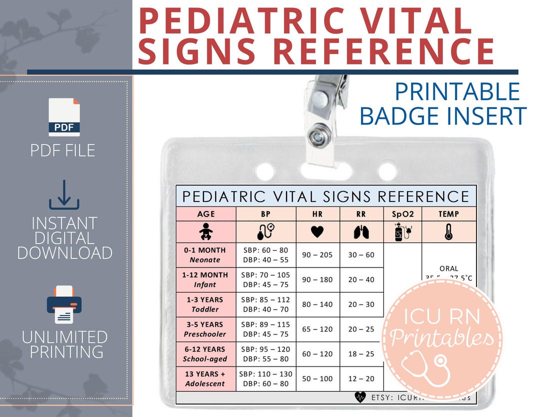 Pediatric Vital Signs Reference Badge Insert | Printable PDF Download ...