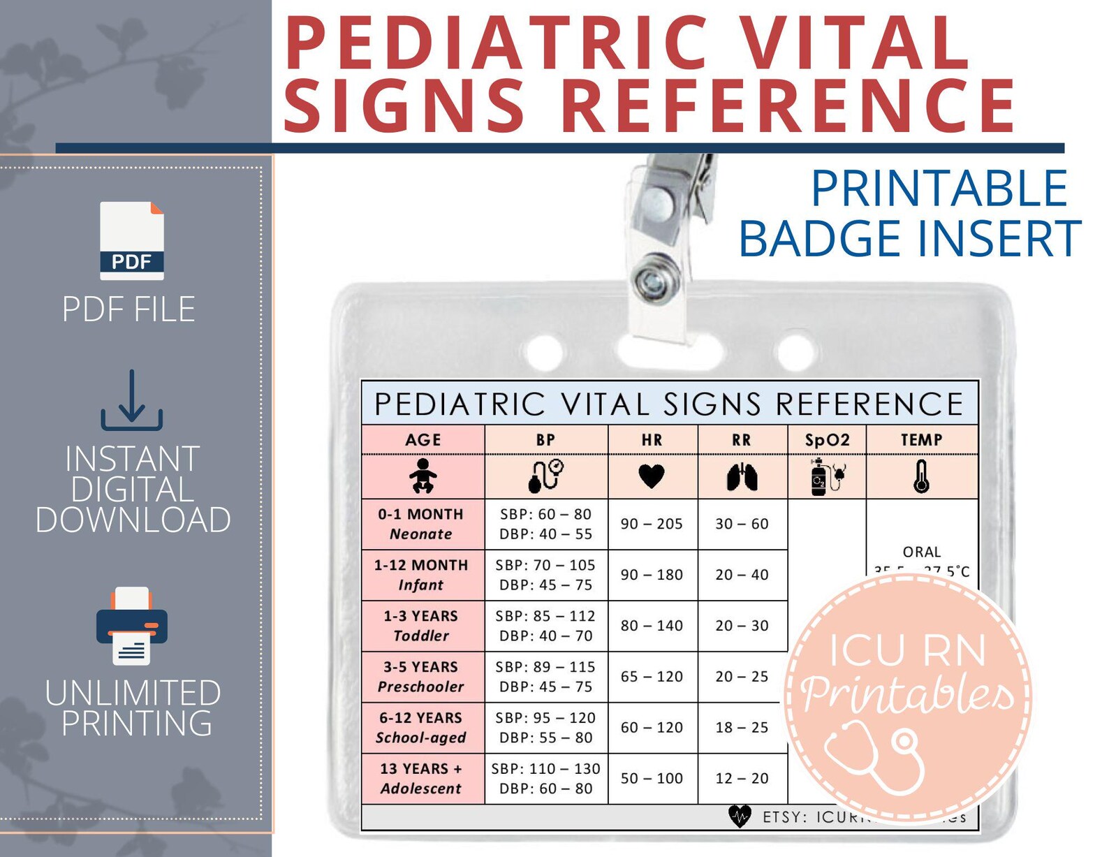 Pediatric Vital Signs Reference Badge Insert | Printable PDF Download ...