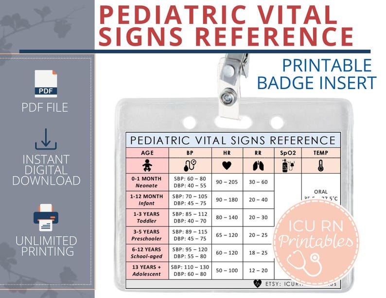 Pediatric Vital Signs Reference Badge Insert | Printable PDF Download ...