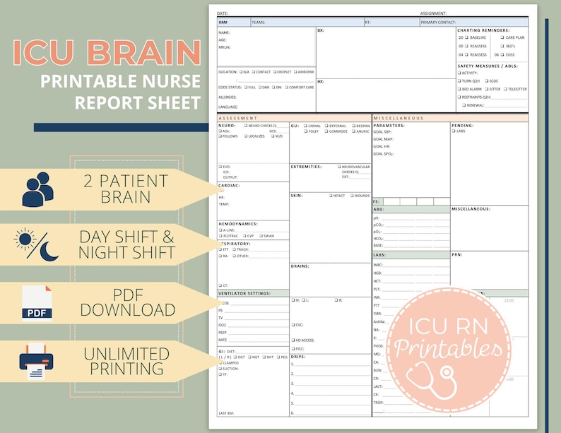 ICU Nurse Brain Report Sheet | Printable PDF Download - Etsy