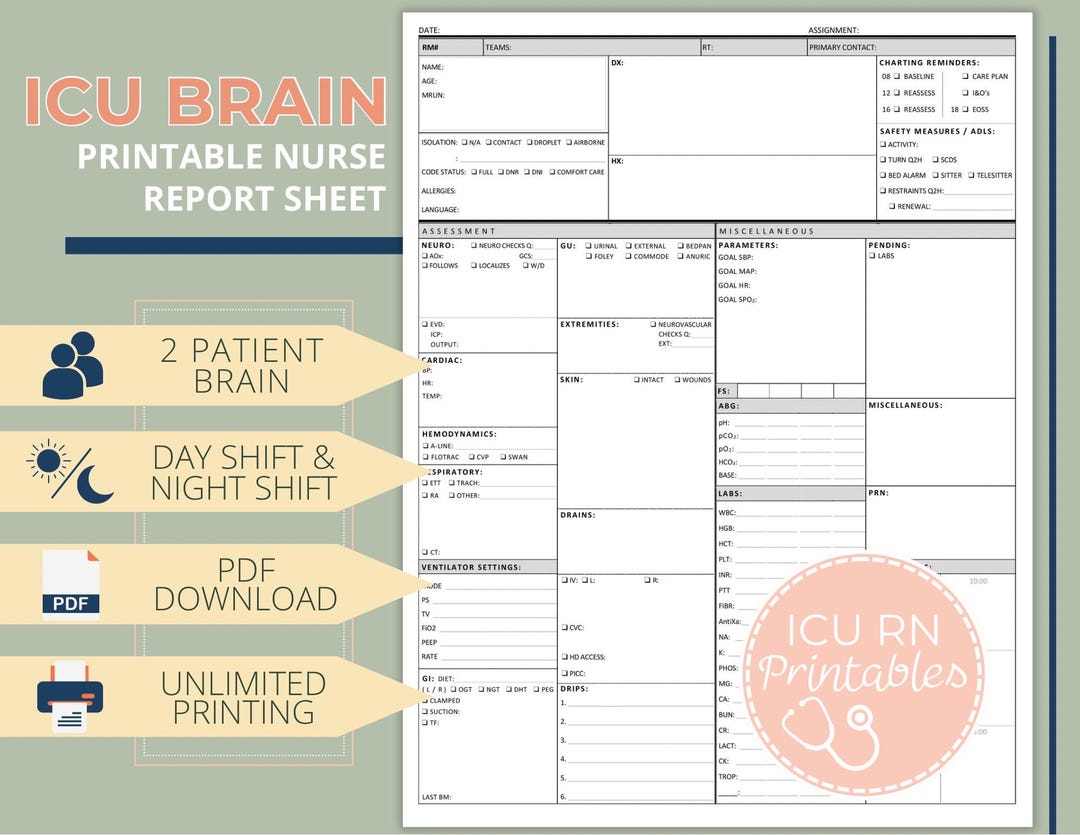 ICU Nurse Brain Report Sheet Printable PDF Download - Etsy