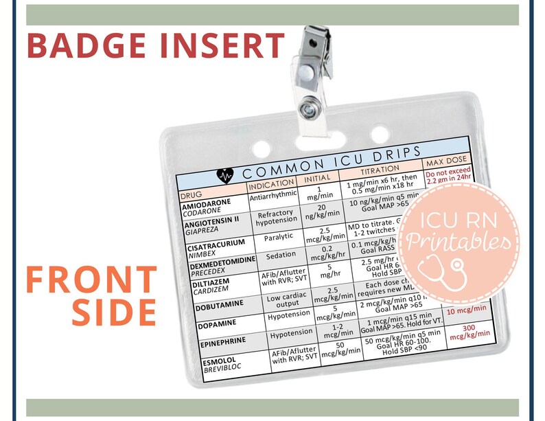 Common ICU Drips Bundle: Reference Sheet and Badge Insert | Printable ...