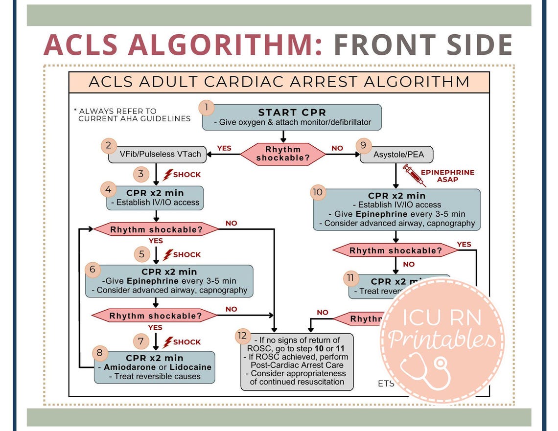 ACLS Adult Cardiac Arrest Algorithm Reference Sheet | Printable PDF ...