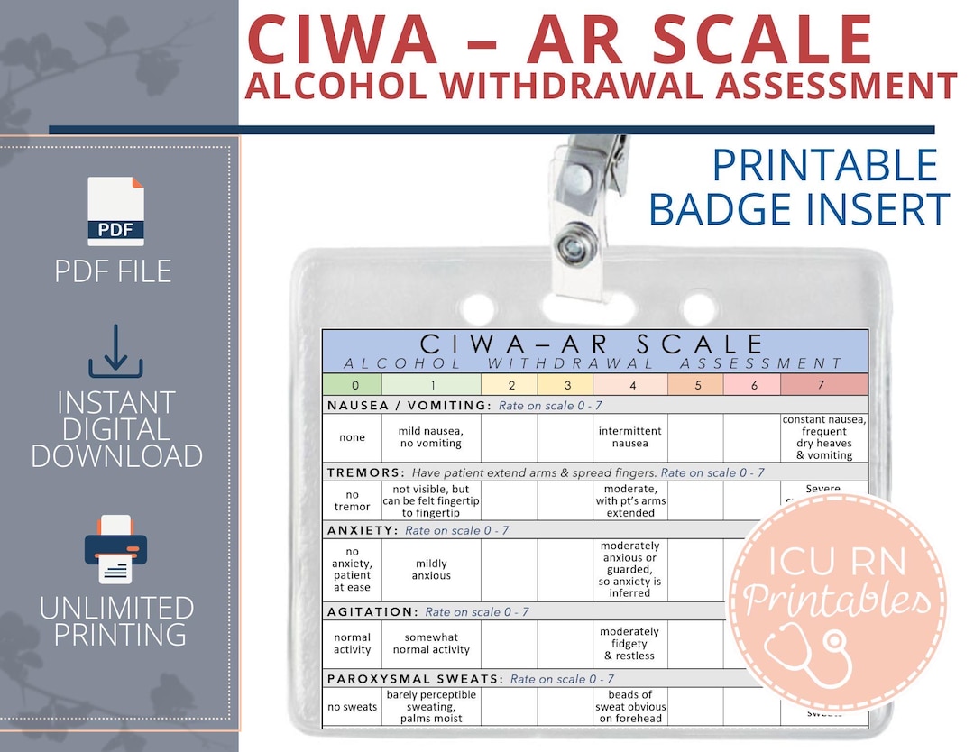 CIWA-AR: Alcohol Withdrawal Assessment Badge Insert | Printable PDF ...