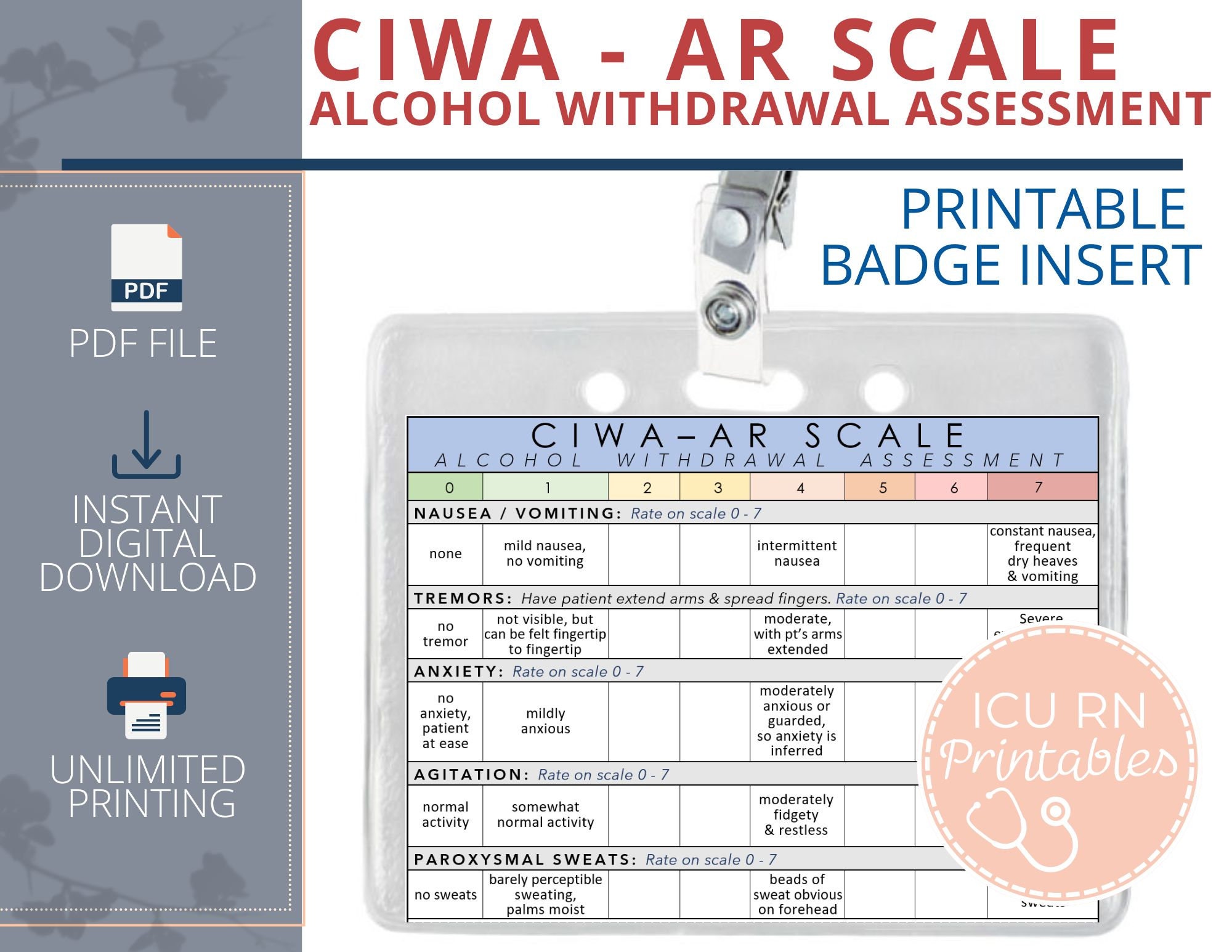 CIWA-AR: Alcohol Withdrawal Assessment Printable PDF Download - Etsy