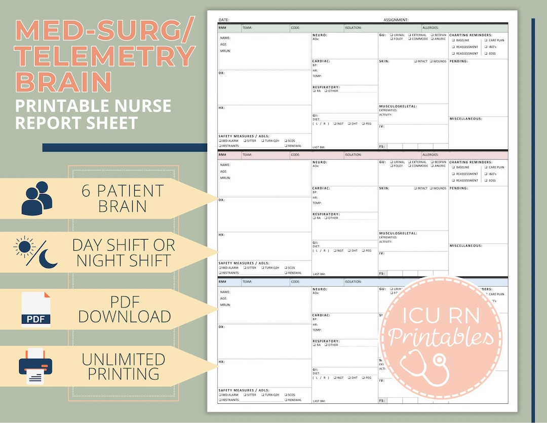 6 Patient Med-surg Nurse Brain Report Sheet | Printable PDF Download - Etsy