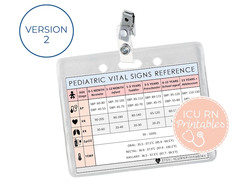 Pediatric Vital Signs Reference Badge Insert | Printable PDF Download ...