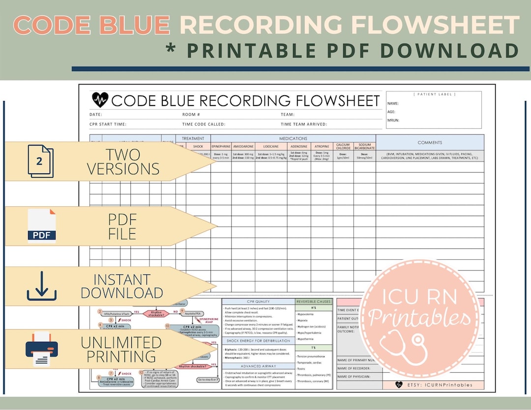 Code Blue Recording Flowsheet | Printable PDF Download - Etsy