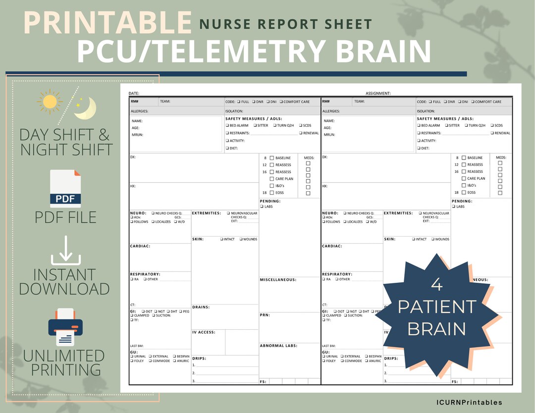 Pcu/step-down/telemetry Nurse Brain Report Sheet Printable PDF Download ...