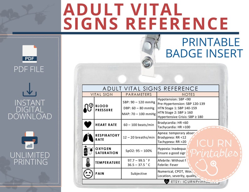 Adult Vital Signs Reference Badge Insert | Printable PDF Download - Etsy