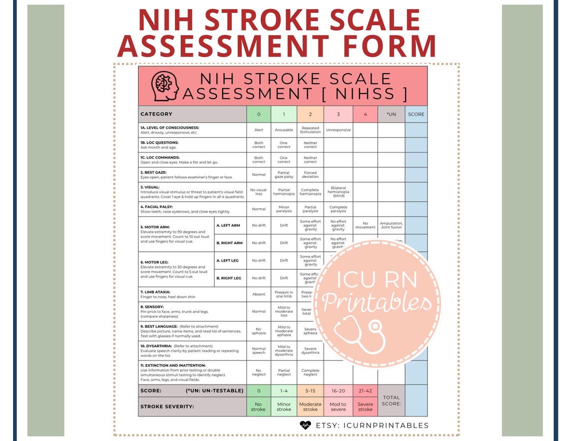 NIH Stroke Scale Assessment Form [ NIHSS ] | Printable PDF Download - Etsy