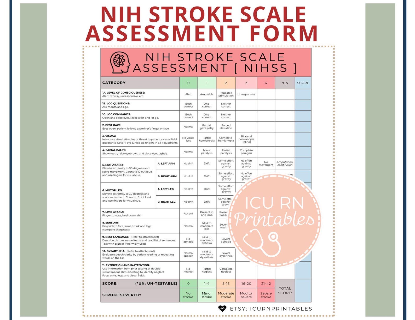 NIH Stroke Scale Assessment Form [ NIHSS ] | Printable PDF Download - Etsy