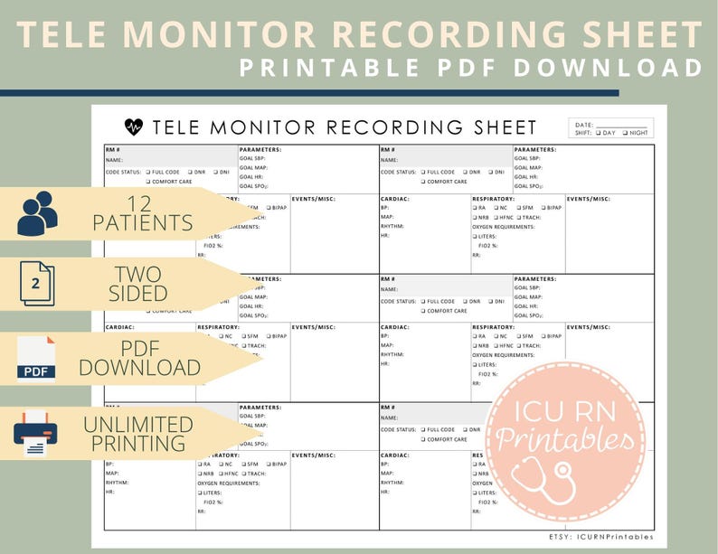 Tele Monitor Recording Sheet Printable PDF Download - Etsy