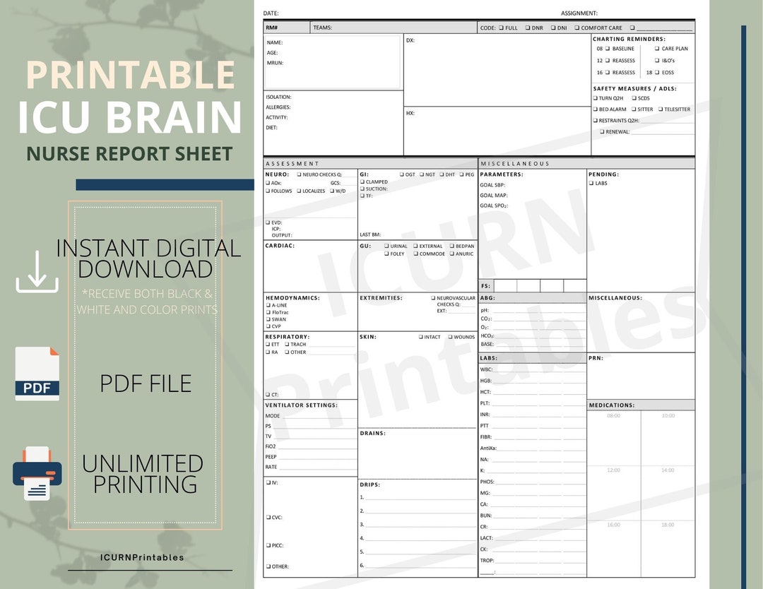 ICU Nurse Brain Report Sheet Printable PDF - Etsy
