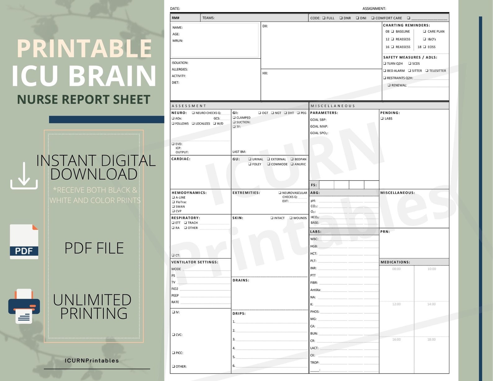 ICU Nurse Brain Report Sheet Printable PDF - Etsy