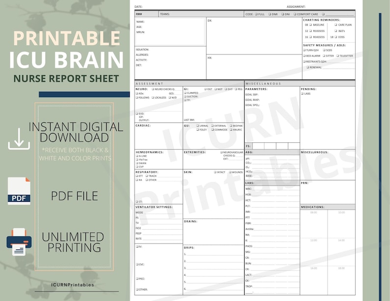 ICU Nurse Brain Report Sheet Printable PDF - Etsy
