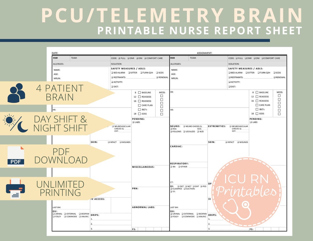 Pcu/step-down/telemetry Nurse Brain Report Sheet Printable PDF Download ...