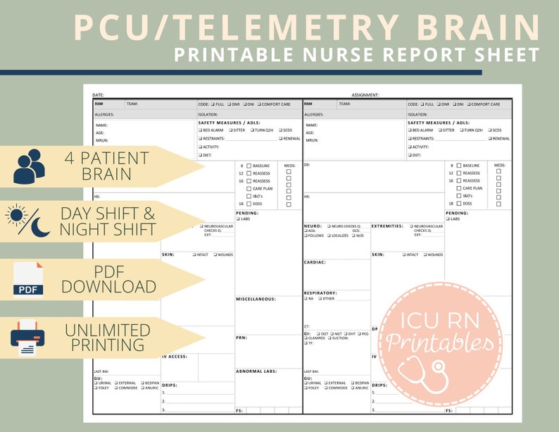 Pcu/step-down/telemetry Nurse Brain Report Sheet Printable PDF Download ...