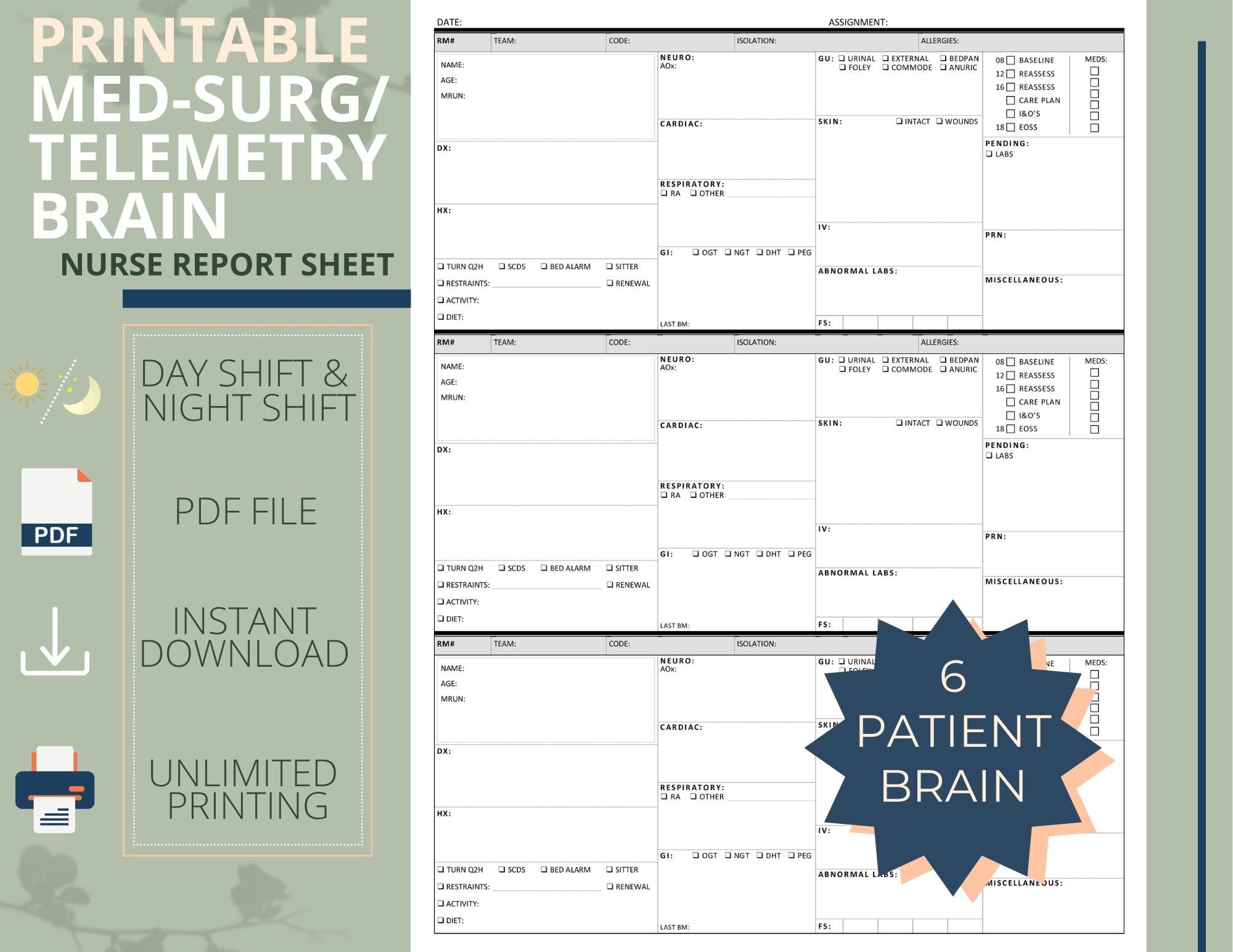 6 Patient Med-surg Nurse Brain Report Sheet Printable PDF Download - Etsy