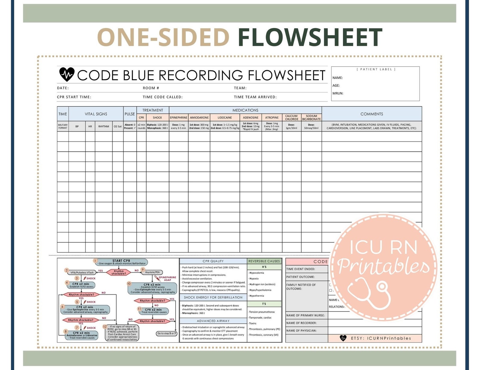 Code Blue Recording Flowsheet | Printable PDF Download - Etsy