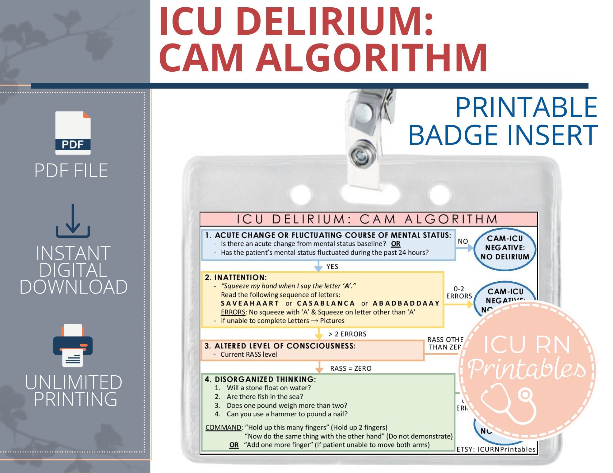 ICU Delirium: CAM Algorithm Printable PDF Download - Etsy