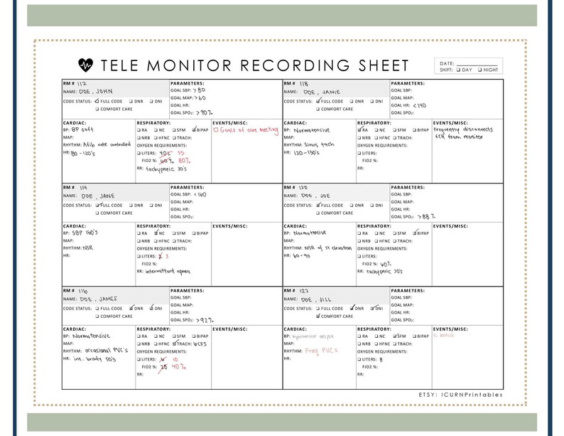 Tele Monitor Recording Sheet | Printable PDF Download - Etsy