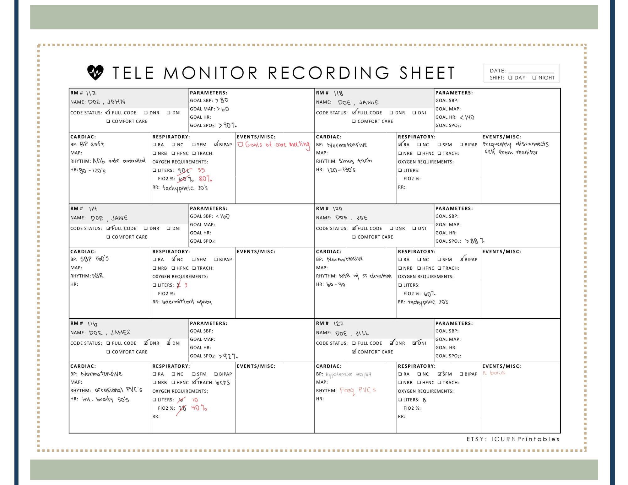Tele Monitor Recording Sheet Printable PDF Download - Etsy