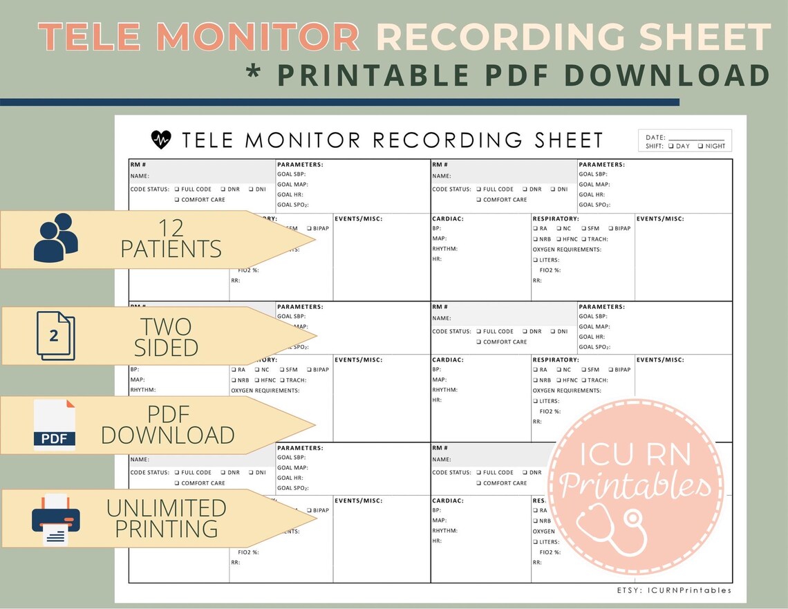Tele Monitor Recording Sheet | Printable PDF Download - Etsy