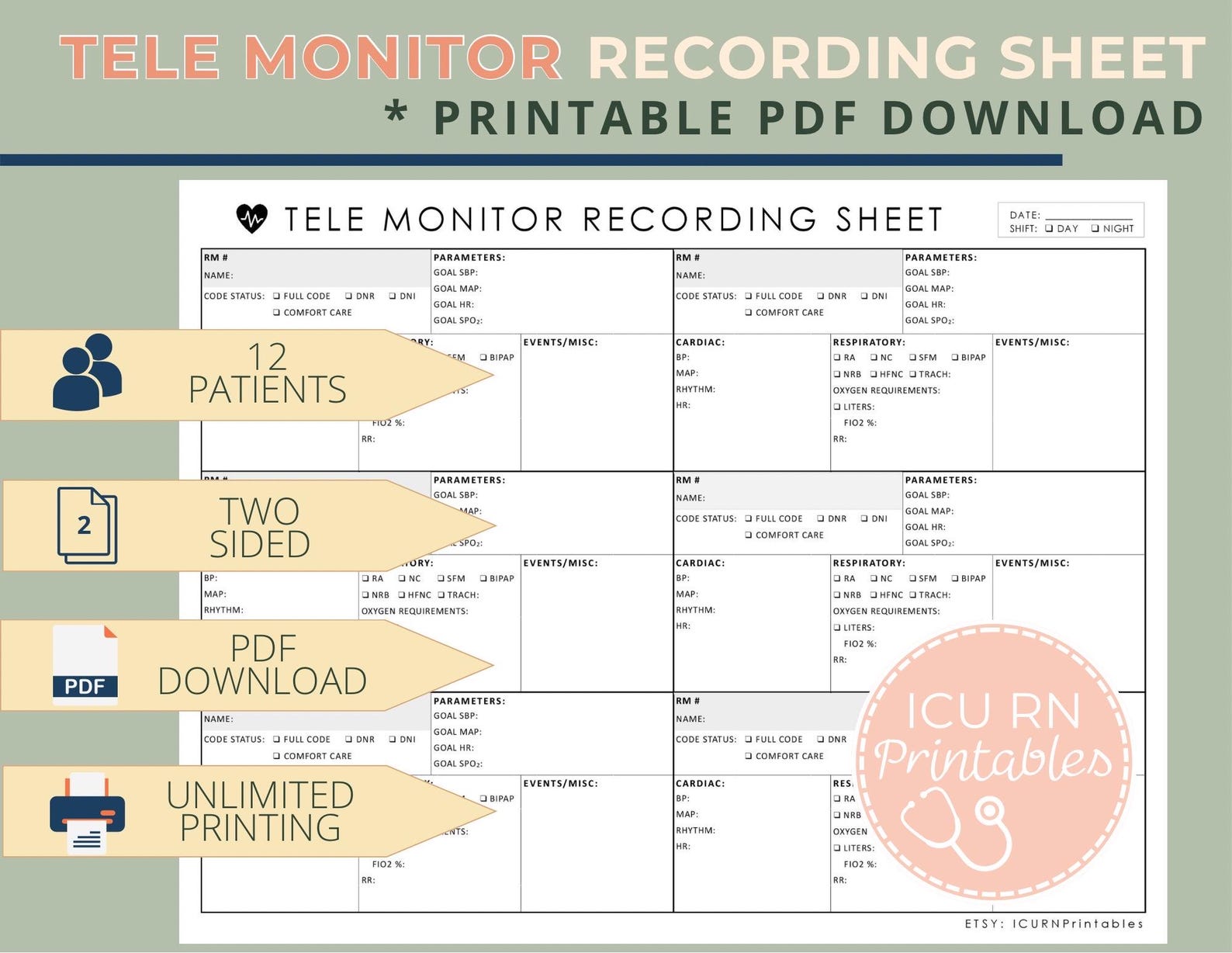 Tele Monitor Recording Sheet | Printable PDF Download - Etsy