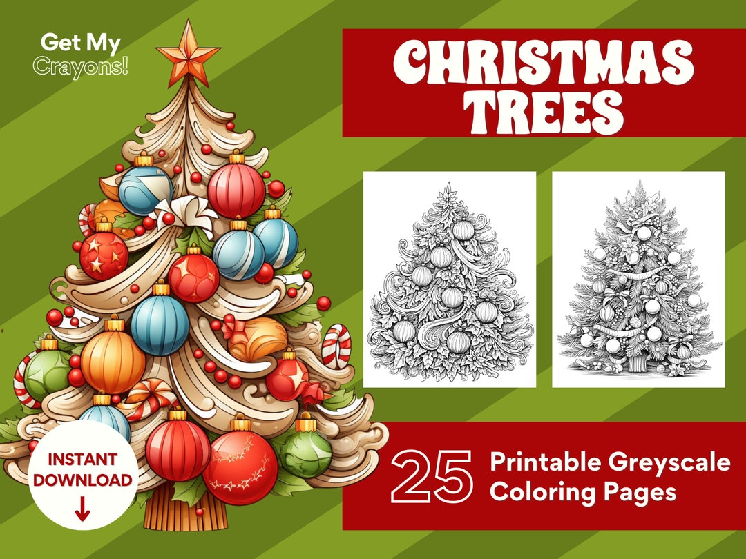 Christmas Trees Coloring Pages for Adults Teens 25 Greyscale Pages to ...