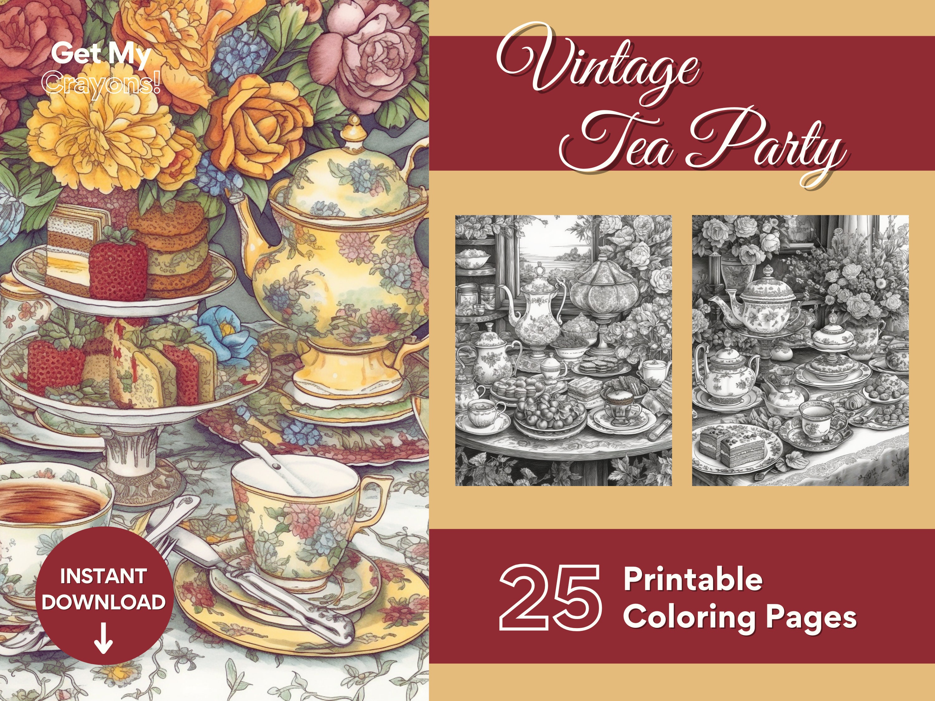 Tea Party Coloring Pages for Coloring Lover Adults 25 Greyscale Pages ...