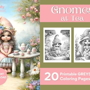 Gnomes at Tea Coloring Pages, for Adults, Teens, and Kids 20 Greyscale ...
