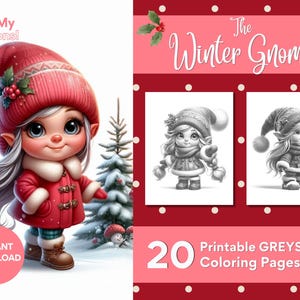 Winter Gnome Coloring Pages, for Adults, Teens, and Kid, 20 Greyscale ...