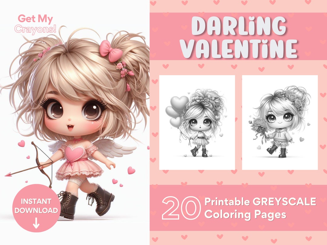 Darling Valentine Girls Coloring Pages for Adults 20 Greyscale Pages to ...