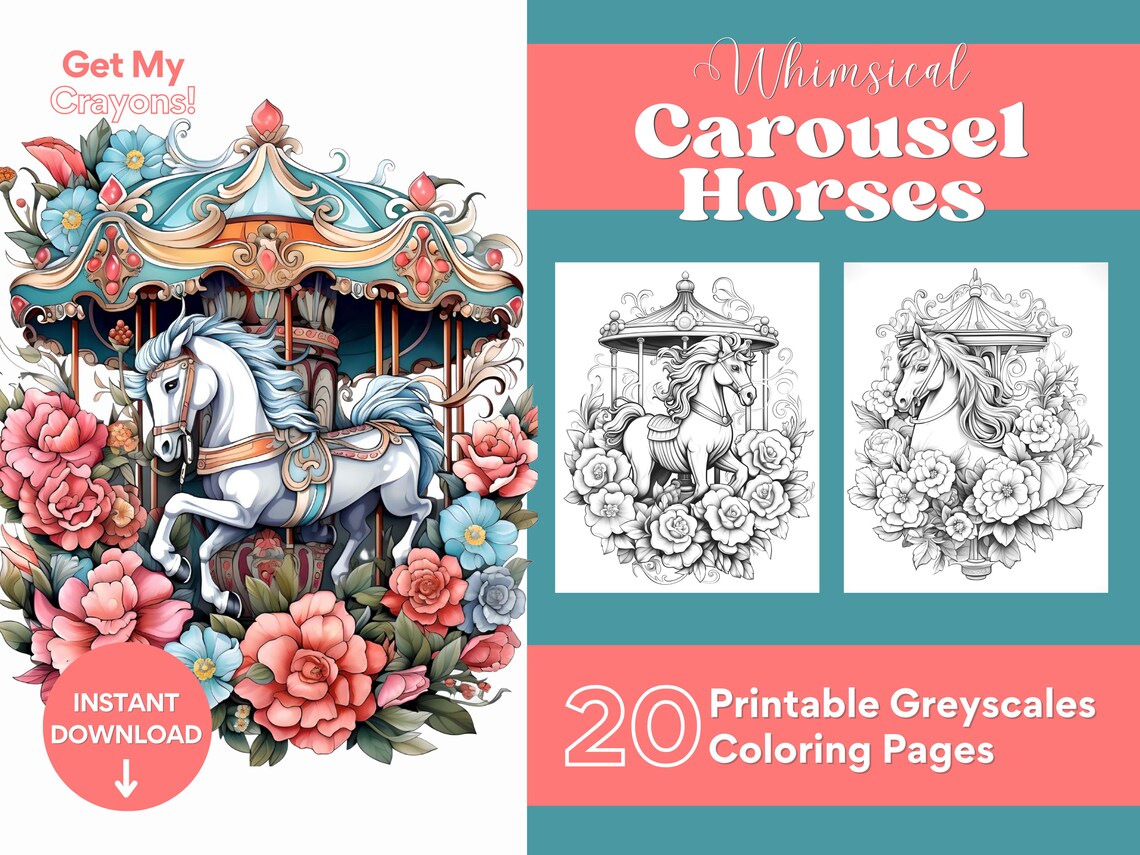 Whimsical Carousel Horses Coloring Pages for Adults Teens 20 Greyscale ...