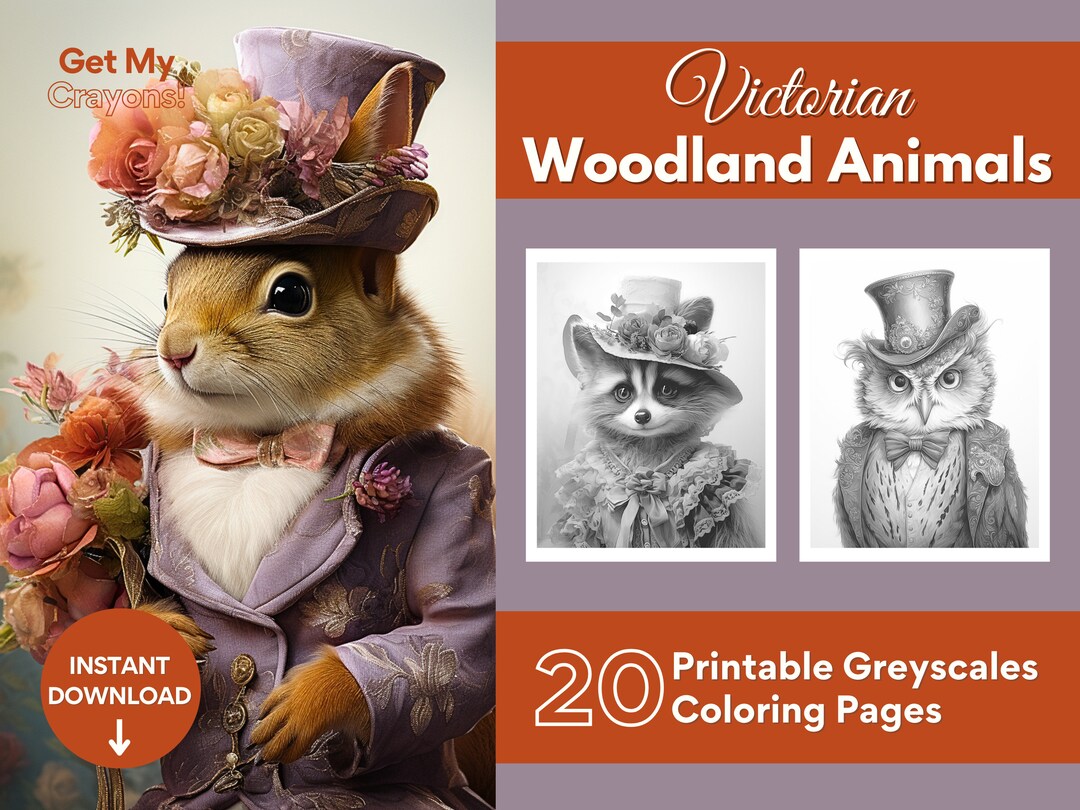 Victorian Woodland Animals Coloring Pages for Adults 20 Greyscale Pages ...