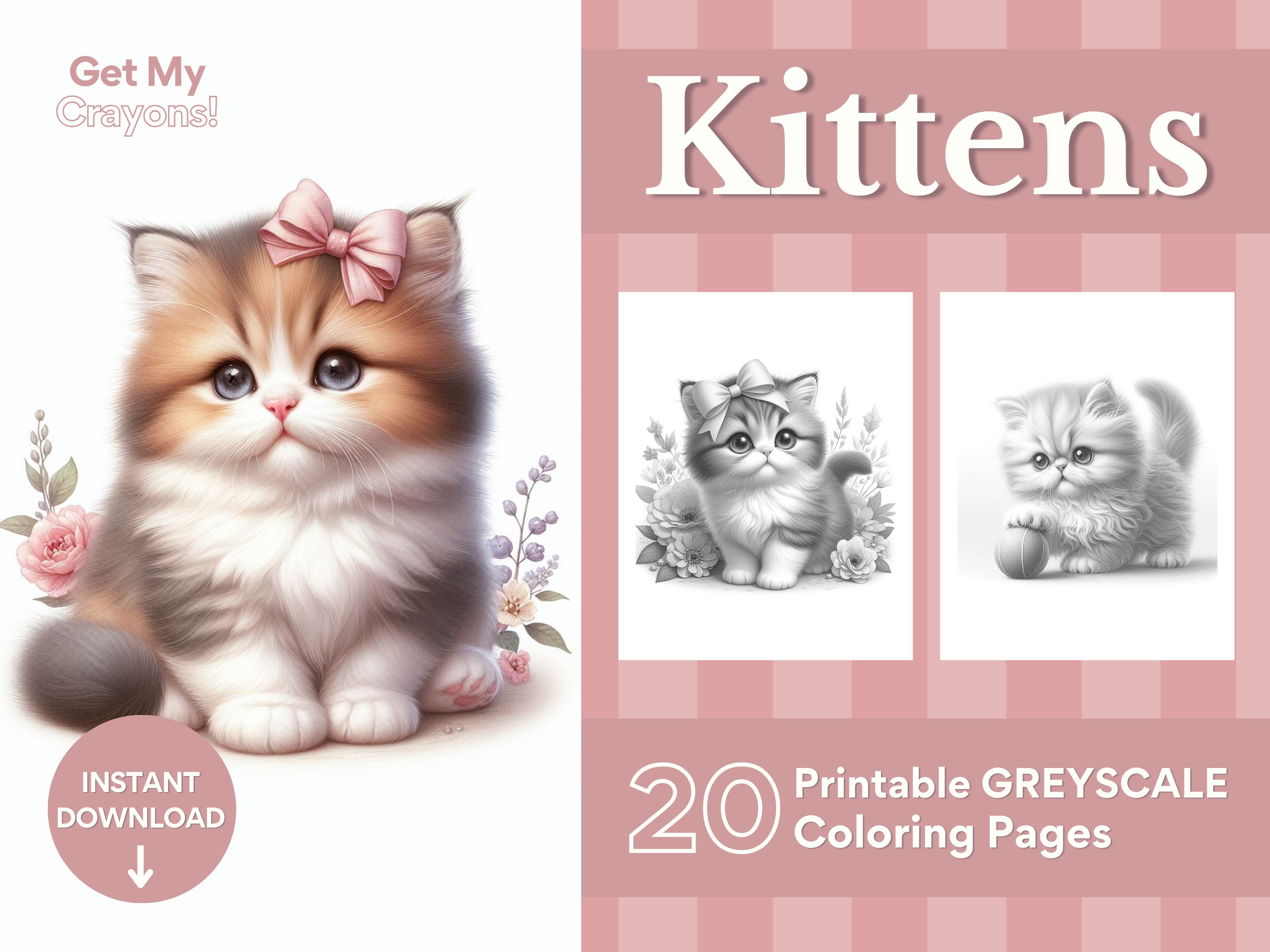 Adorable Kittens Coloring Pages for Girls Teen Kids Adults 20 Greyscale ...