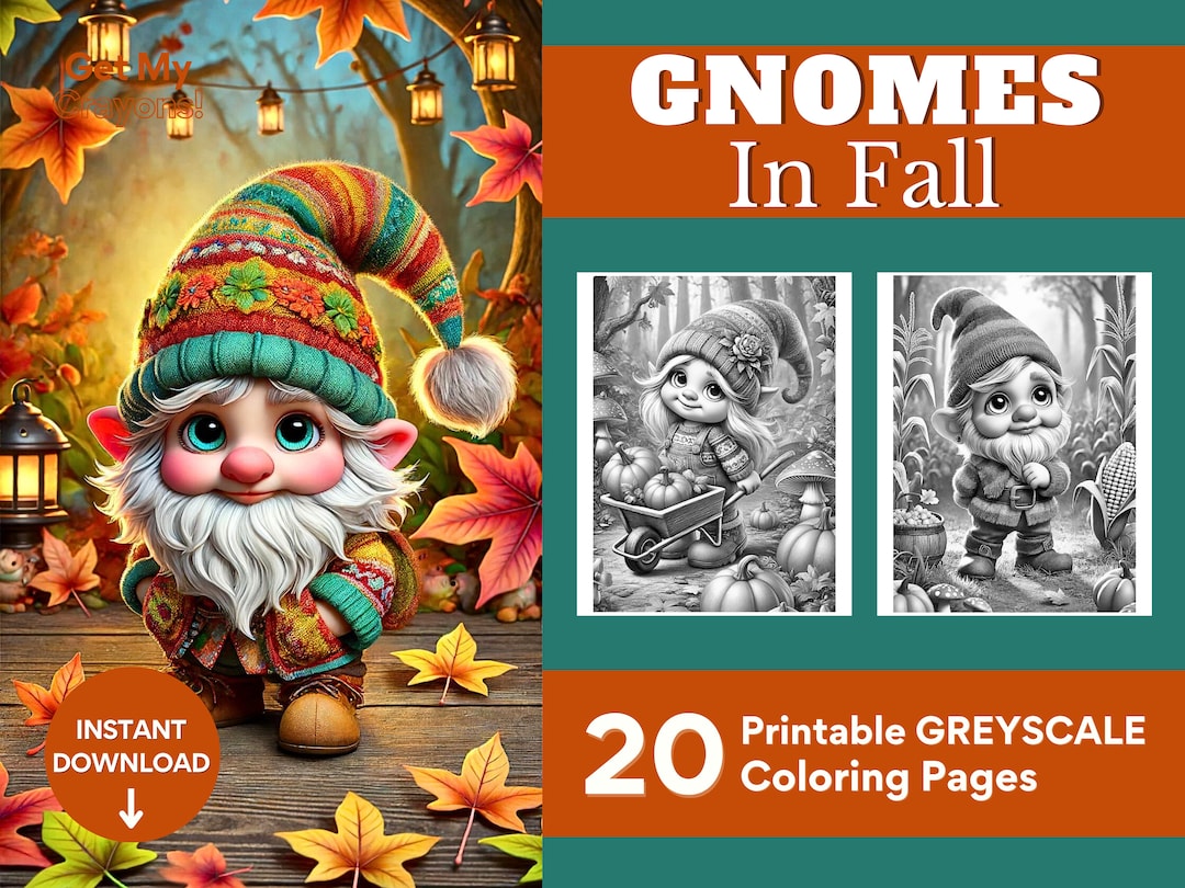 Gnomes in Fall Coloring Pages for Adults Teens 20 Digital Greyscale ...