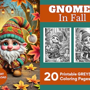 Gnomes in Fall Coloring Pages for Adults Teens 20 Digital Greyscale ...