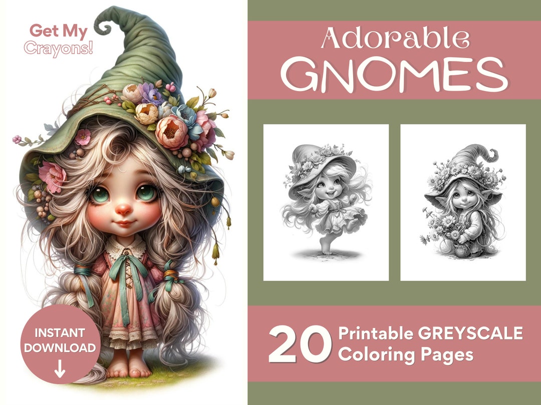 Cute Gnomes Coloring Pages, for Adults, Teens, and Kids, 20 Greyscale ...