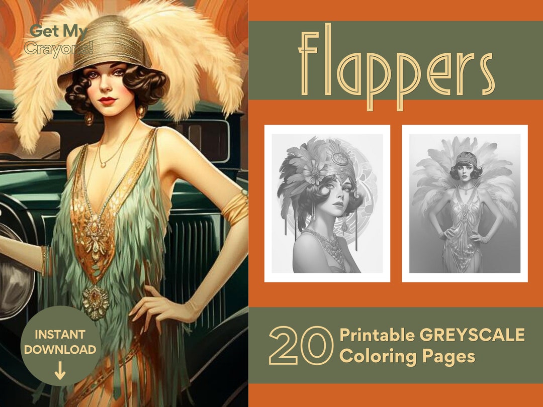 Flappers Roaring 20's Era Coloring Pages for Adults 20 Greyscale Pages ...