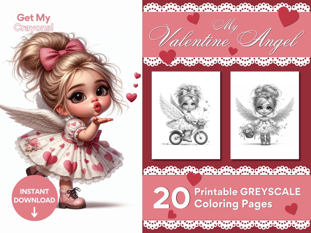 My Valentine Angel Coloring Pages for Adults Teens 20 Digital Greyscale ...