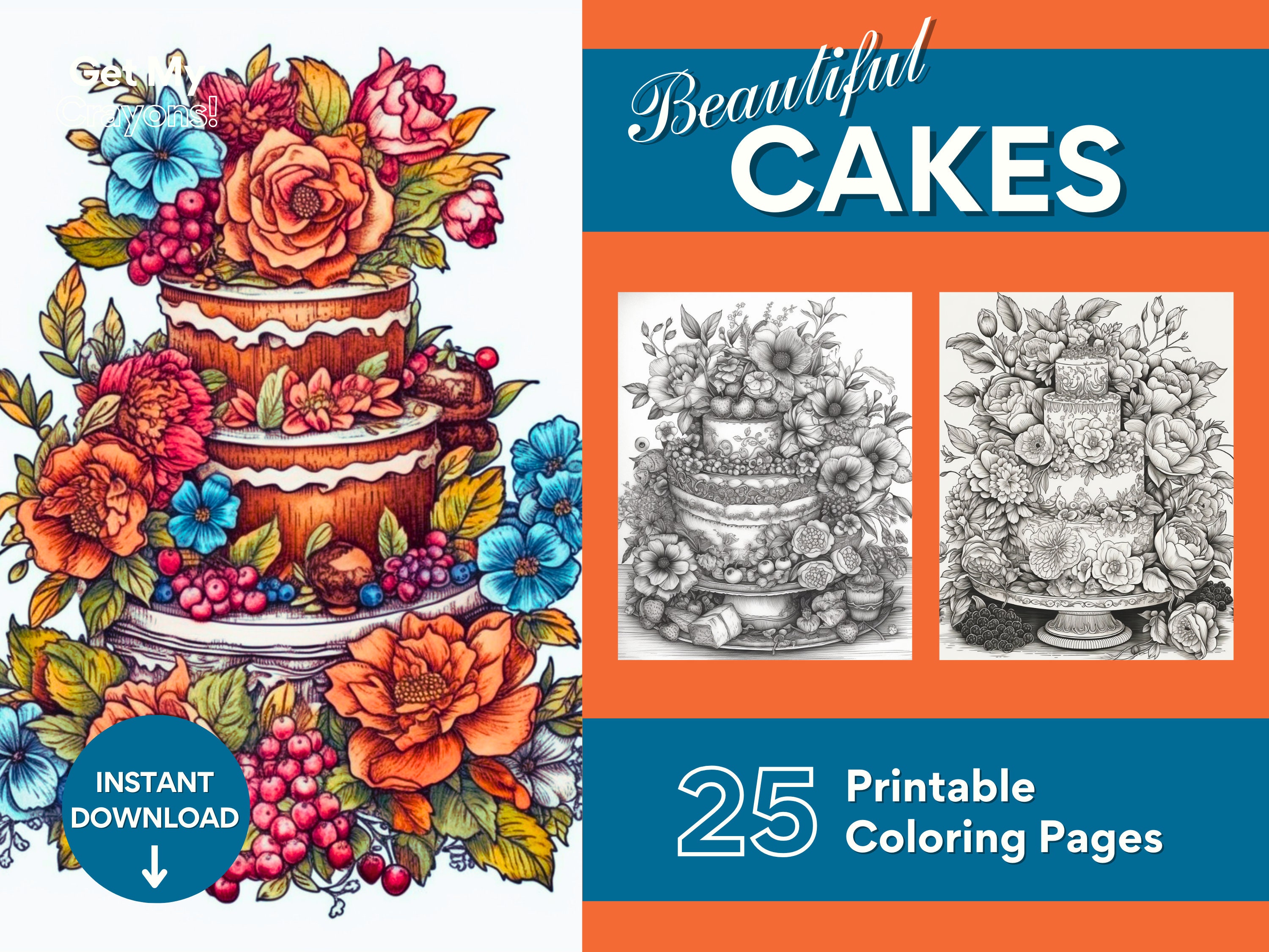 Cake Coloring Pages for Coloring Lover Adults 25 Greyscale Pages to Color Printable PDF PNG ...