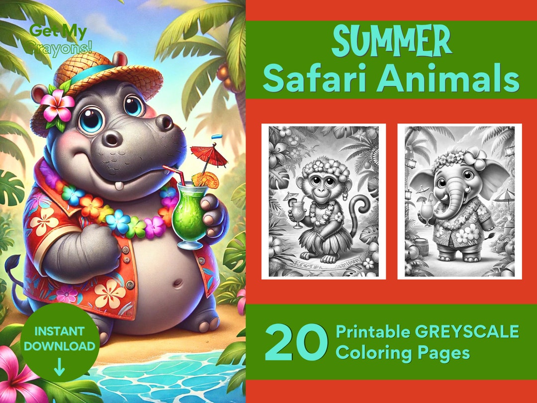 Summer Safari Animals Coloring Pages for Adults Teens 20 Digital ...